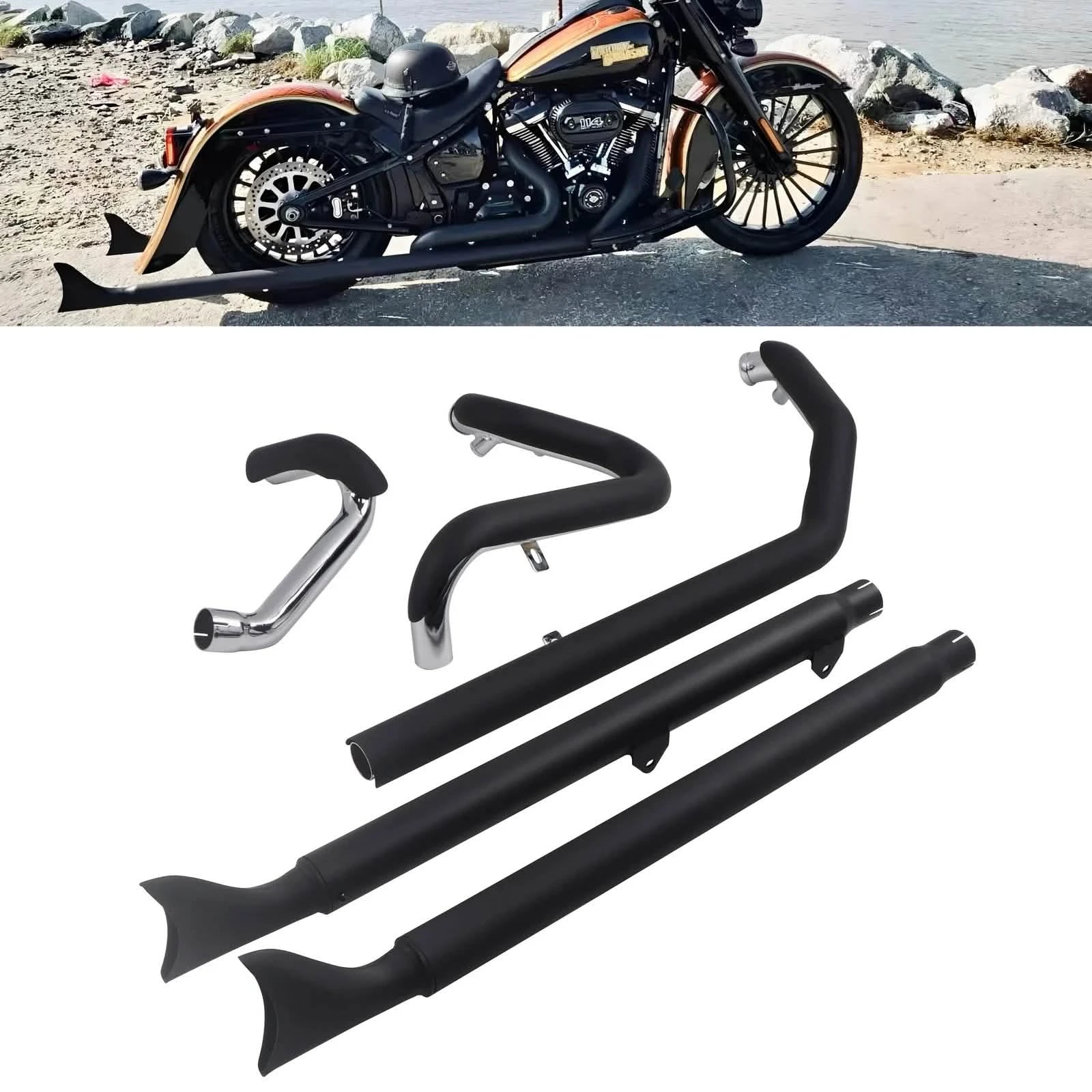 SHARKROAD Fishtail True Dual Black Ceramic Softail Exhaust for 2018-up